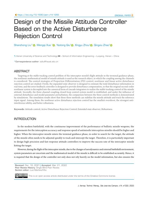 Pdf Design Of The Missile Attitude Controller Based On The Active Disturbance Rejection Control