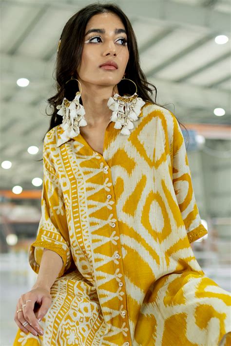 Mustard Cotton Silk Embroidered Kaftan Set By Pooja And Keyur At Pernias