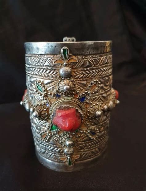 Bracelet de cheville en argent émaillé et Corail Algérie Tribal Fusion Bracelet Argent Cuff