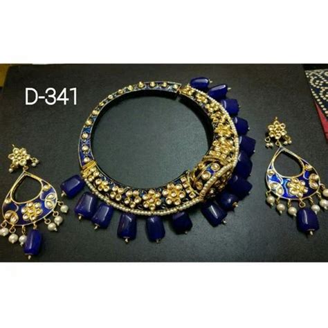 Jewelry Kundan Blue Choker Hasli Style Necklace Set At ₹ 2700set