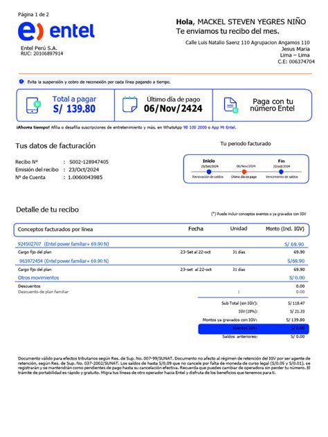 Recibo De Pago Entel Octubre 2024 Pdf Industrias De Servicio