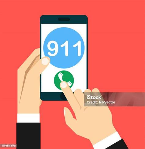 911 비상 전화 개념으로 전화하십시오 손 잡고 스마트 폰 손가락 터치 통화 버튼 현대 평면 디자인 벡터 일러스트레이션 개념에