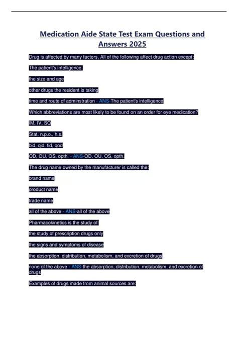 Medication Aide State Test Exam Questions And Answers 2025 Nursing Course Stuvia Us