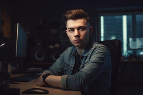 Premium AI Image A Man Sits At A Desk In Front Of A Computer Screen