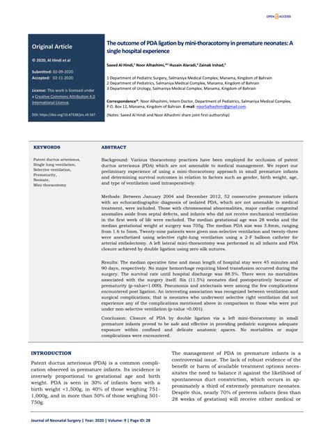Pdf The Outcome Of Pda Ligation By Mini Thoracotomy In Premature