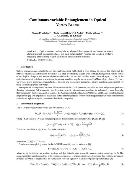 Pdf Continuous Variable Entanglement In Optical Vortex Beams
