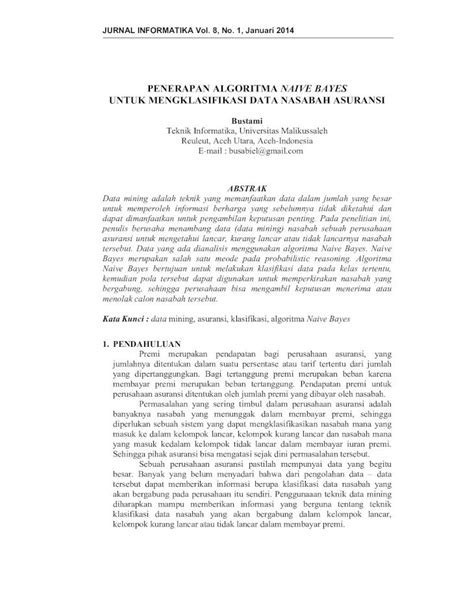 Pdf Penerapan Algoritma Naive Bayes Untuk Mengklasifikasi Data