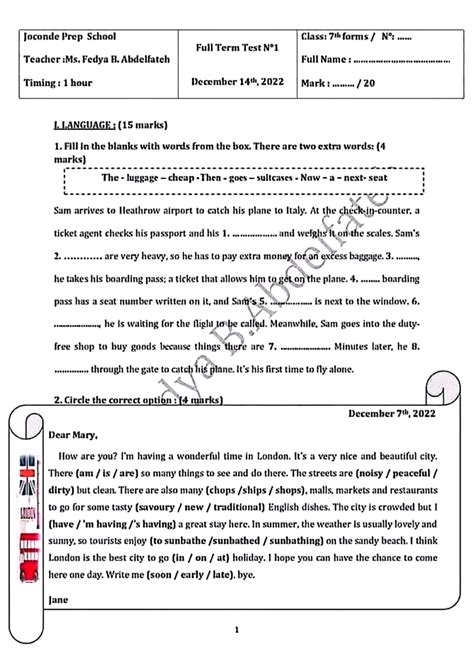 7ème année de base Anglais Test 1 tunitests TN