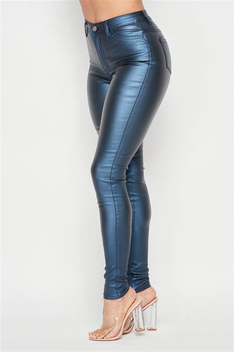 Super High Waisted Faux Leather Stretchy Skinny Jeans Blue