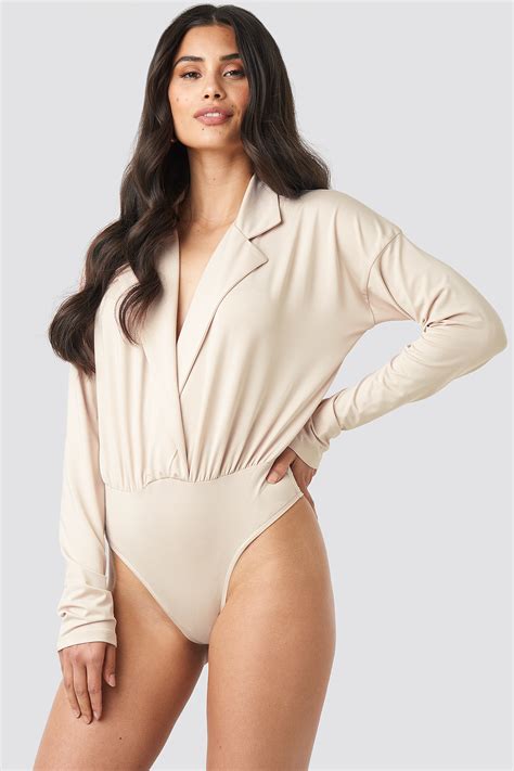 Overlap Long Sleeve Bodysuit Beige Na