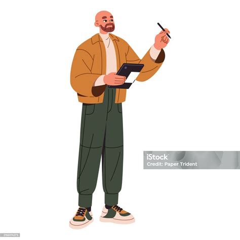 성인 대머리 남자가 서서 태블릿을 손에 들고 있습니다 턱수염을 기른 직원이 전자 펜을 사용하여 디지털 기기로 메모를 합니다