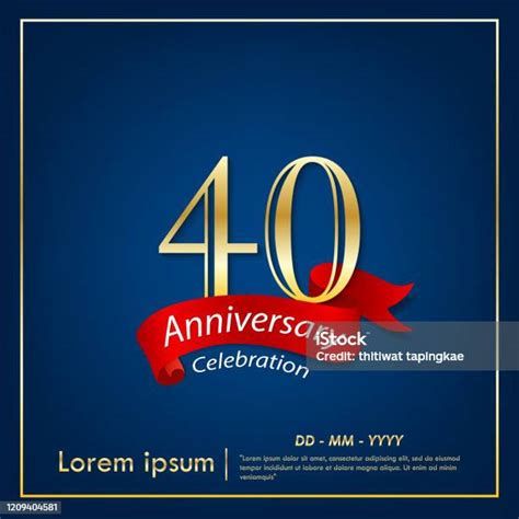 40 주년 기념 엠블럼 다크 블루 배경에 빨간 리본 웹 전단지 인사말 카드 및 초대 카드에 대한 벡터 일러스트 템플릿 디자인기념일 우아함 황금 로고 0명에 대한 스톡 벡터