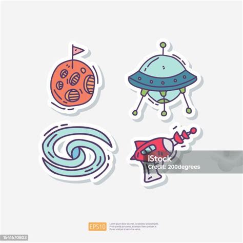 소행성 유성 Ufo 우주선 우주 공간 외계인 우주 총 낙서 스티커 아이콘 세트 우주 모험과 우주 벡터 그림 구에 대한 스톡 벡터