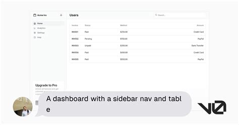 A Dashboard With A Sidebar Nav And Table A Shadcnui And V0 Generation V0