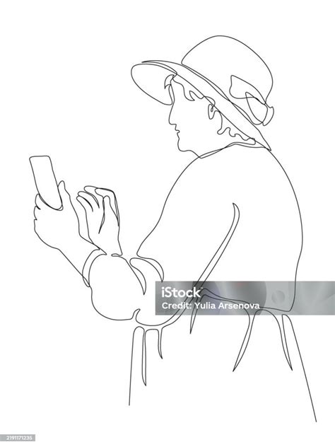 전화를 사용하는 모자를 쓴 노인 여성 측면 보기 연속 선 그리기 흑인과 백인 벡터 일러스트 레이 션 라인 아트 스타일 Brand Name Smart Phone에 대한 스톡