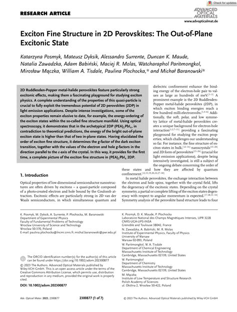 PDF Exciton Fine Structure In 2D Perovskites The Out Of Plane