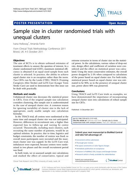 Pdf Sample Size In Cluster Randomised Trials With Unequal Clusters