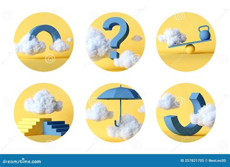 3d Render Set Of Assorted Yellow Round Stickers With White Clouds And
