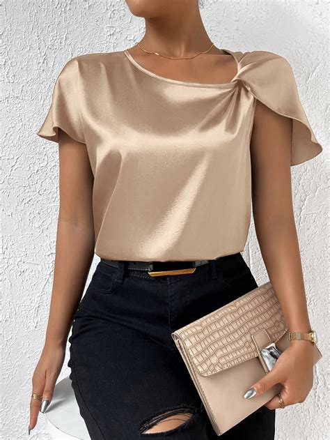 Gola Assimétrica Detalhe De Torção Cetim Blusa Shein Brasil