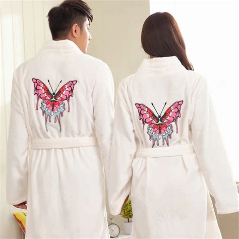Winter Flannel Bathrobe Women Men Butterfly Embroidery Couple Bath Robe