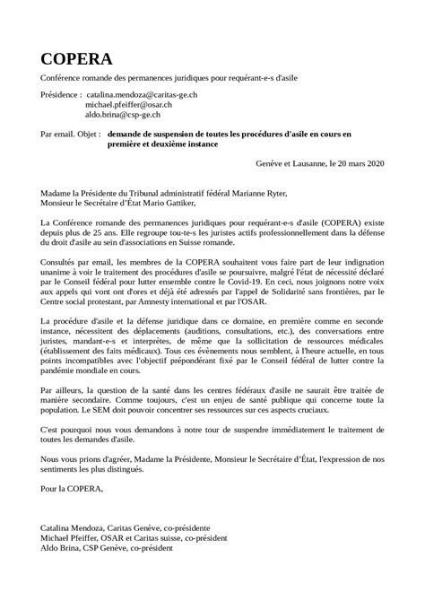 COPERA Demande de suspension de toutes les procédures dasile en