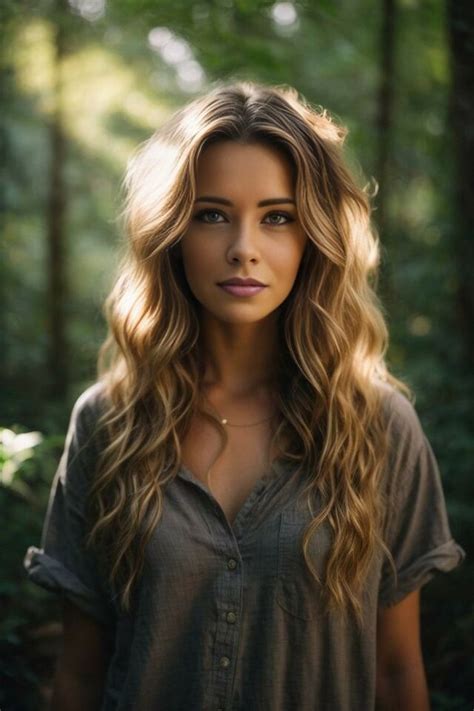 A Woman With Long Blonde Hair Standing In The Woods Wearing A Button Up