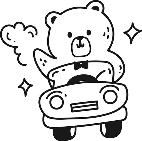 Cute Teddy Bear Driving A Car Vector Illustration In Doodle Style