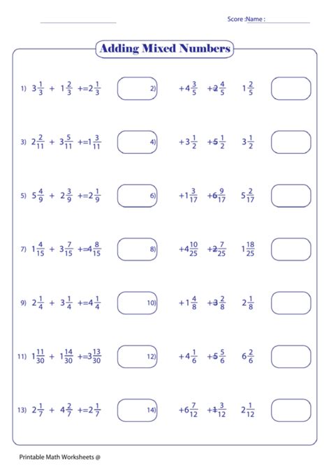 Adding Mixed Numbers Printable Pdf Download