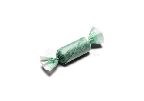 Single Green Wrapped Candy On A White Background With Soft Shadow Stock