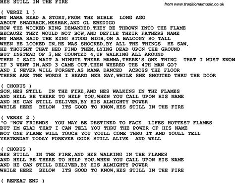 Country Southern And Bluegrass Gospel Song Hes Still In The Fire Lyrics