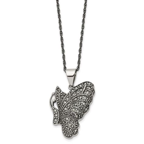 Stainless Steel Chisel Antiqued And Polished With Marcasite Butterfly