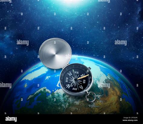 Compass Nestled On Blue Earth In Space Colorful Solar System Travel