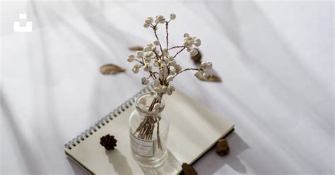ノートの上に透明なガラスの花瓶に入ったフェイクホワイトベリーの写真 Unsplashの灰色の無料画像