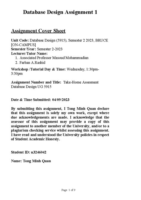 U3246042 Take Home Assessment Database Design Assignment 1 Assignment