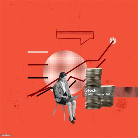현대 미술 콜라주 개념 설계 노트북으로 일하며 돈을 버는 젊은 여자 재정적 성장 프리랜서 직업 채용에 대한 스톡 사진 및 기타 이미지 Istock