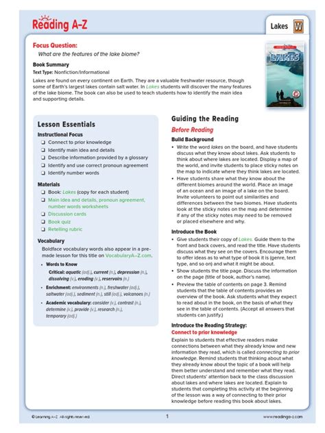 Raz Lw30 Lakes Lblp Pdf Reading Comprehension Pronoun