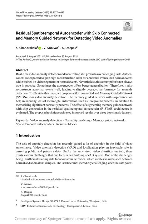 Residual Spatiotemporal Autoencoder With Skip Connected And Memory