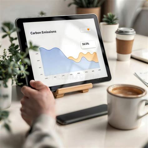 Reviewing Carbon Emissions Data On Tablet In Modern Workspace Generative Ai Stock Illustration