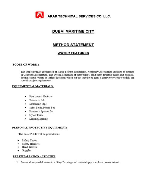 Method Statement Water Features Pdf Pipe Fluid Conveyance Pump