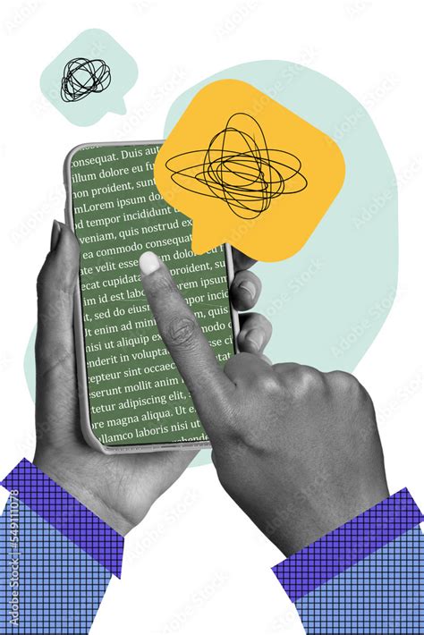 Unusual Photo Collage Of Hands Scrolling Holding Broken Smart Phone