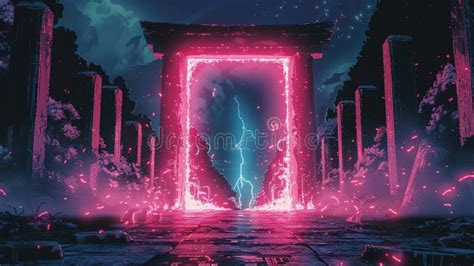 A Pink Gate With Lightning Coming Out Of It Resembling An Anime Style