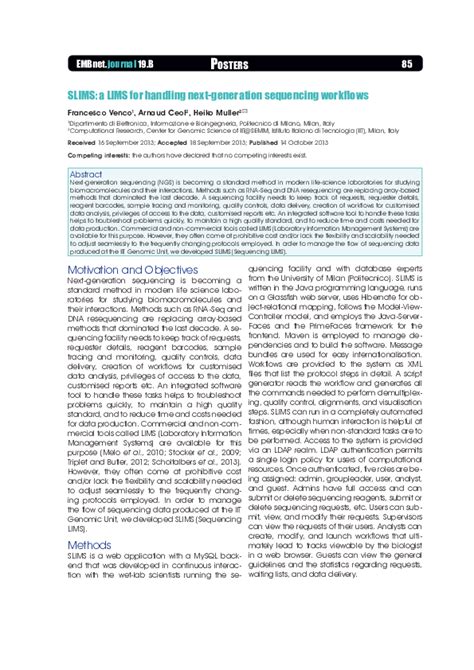 Pdf Slims A Lims For Handling Next Generation Sequencing Workflows Arnaud Céol