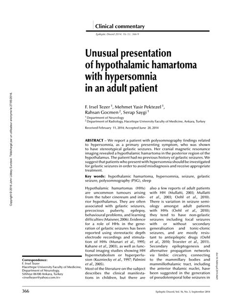 Pdf Unusual Presentation Of Hypothalamic Hamartoma With Hypersomnia