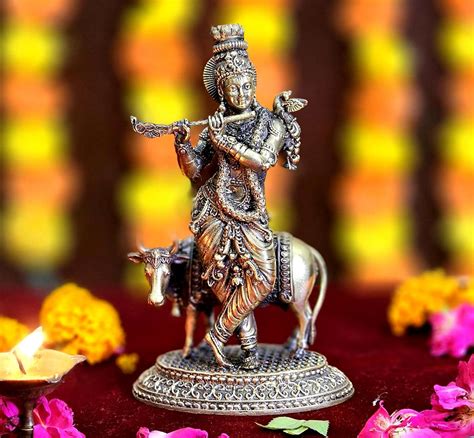 Esplanade Brass Krishna Statue Krishan With Cow Murti Kishan Krishna