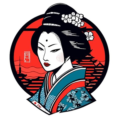 Geisha Japonesa Chica Samurai Dibujada A Mano Plana Elegante Pegatina