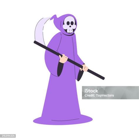 행복하다 에 Halloween 파티 서 있는 에서 죽음 복장 와 낫 벡터 일러스트 10월에 대한 스톡 벡터 아트 및 기타 이미지
