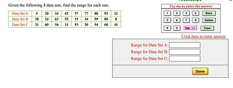 solved given the following 3 data sets find the range for