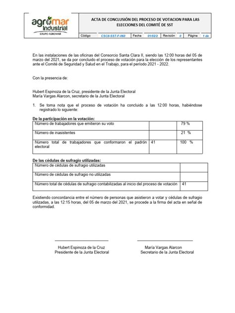 Ct Sst F 060 Acta De Conclusión Del Proceso De Votación Para Las