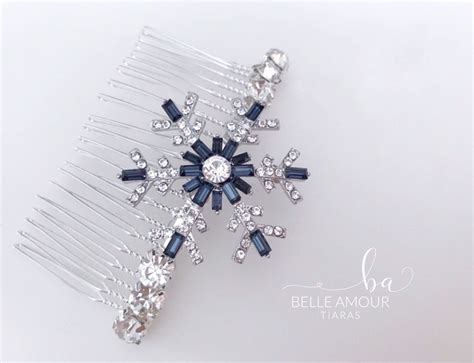 Snowflake Hair Comb Navy Blue Crystal Winter Hair Piece Christmas