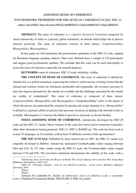 Pdf Assessing Sense Of Coherence Psychometric Properties For The Sense Of Coherence Scale Soc 13
